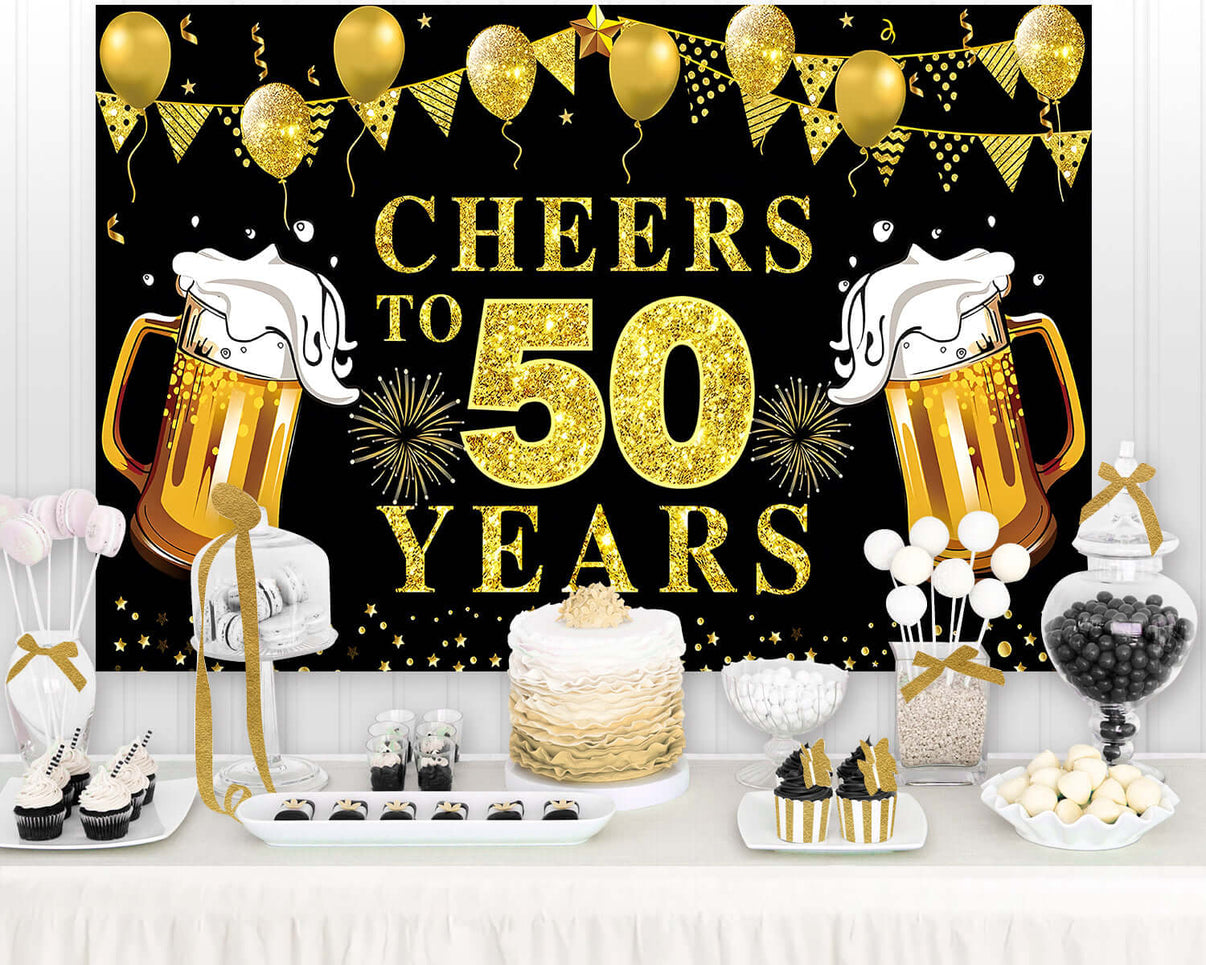 Cheers to 50 Years Banner Backdrop, Black Gold Happy 50th Birthday Dec ...