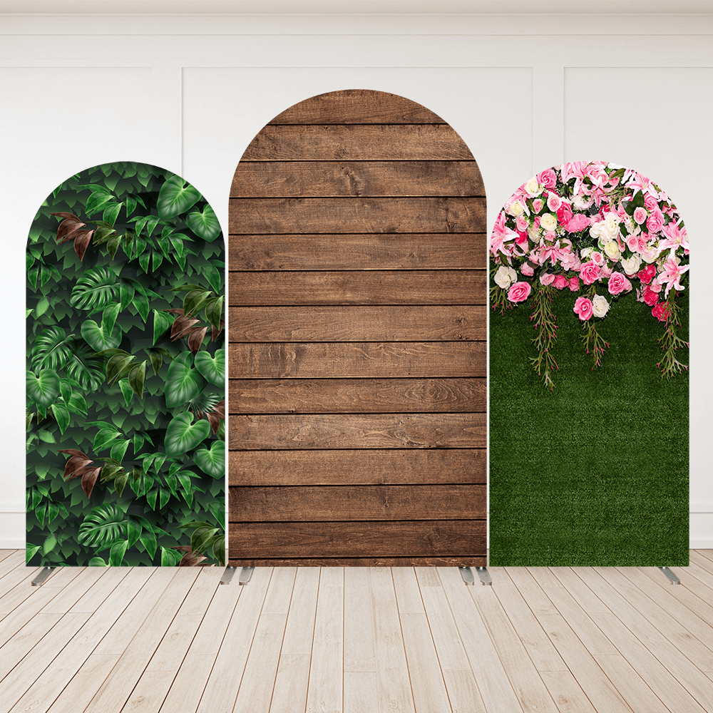 Green Leaves Wooden Flowers Baby Shower Arch Cover Backdrop