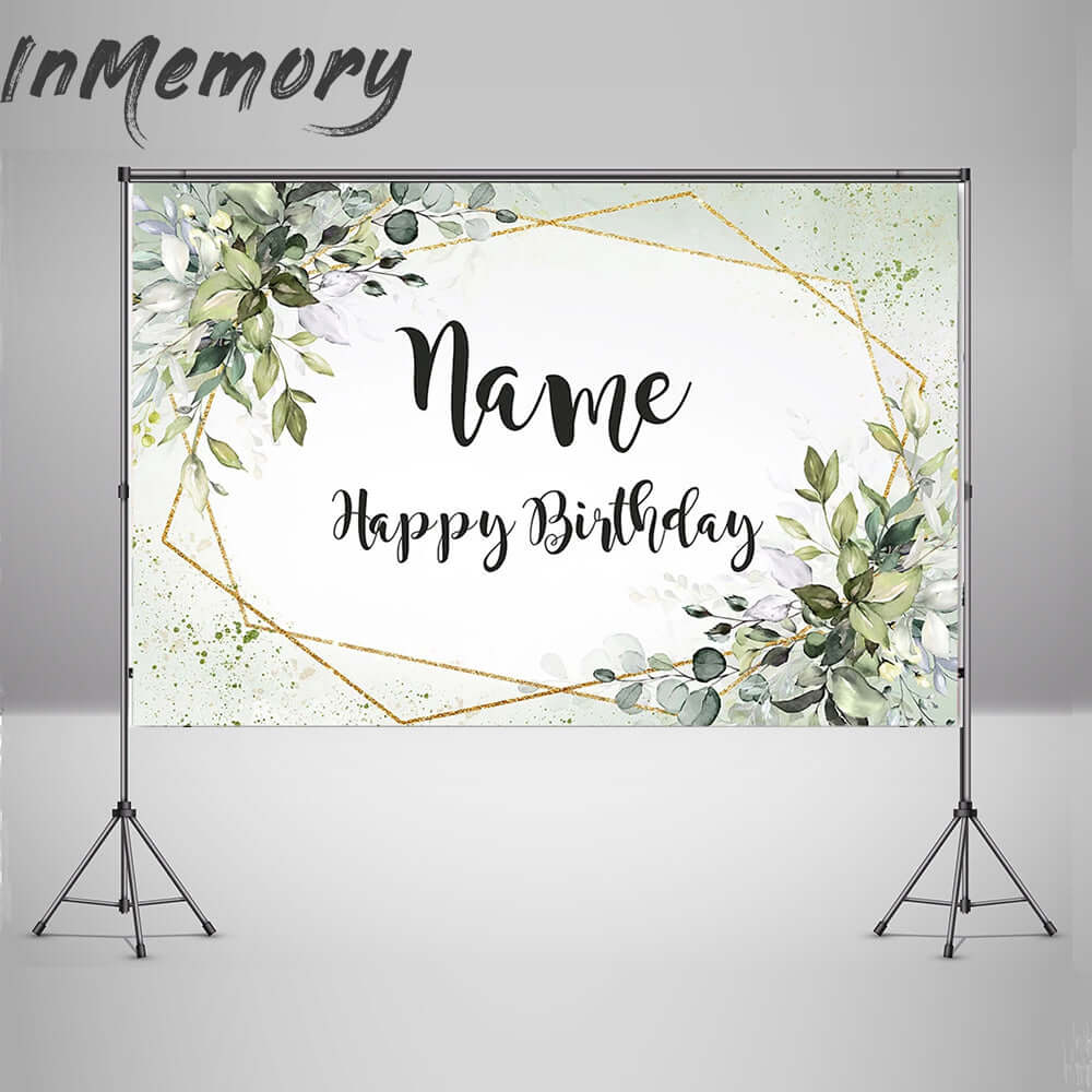 Customize Name Birthday Backdrop Green Leaves Happy Birthday Party Dec ...